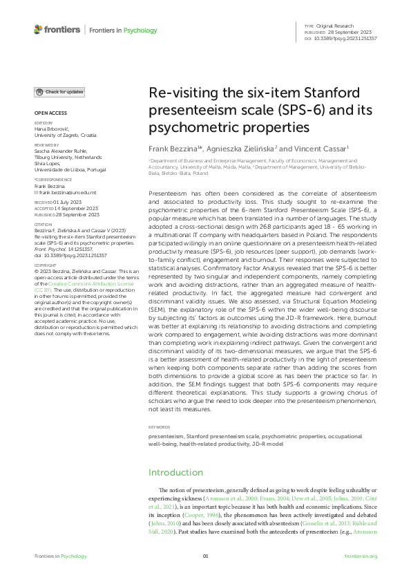 (PDF) Re-visiting the six-item Stanford presenteeism scale (SPS-6) and ...