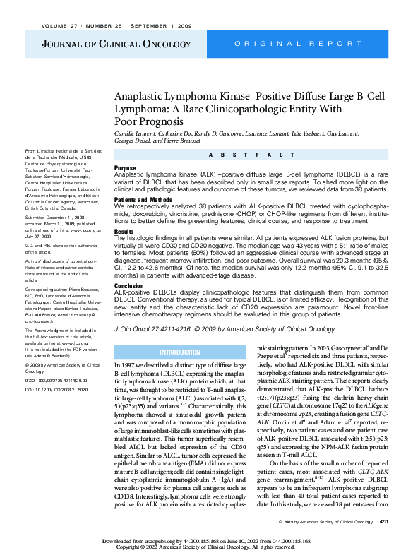(PDF) Anaplastic Lymphoma Kinase–Positive Diffuse Large B-Cell Lymphoma: A Rare ...