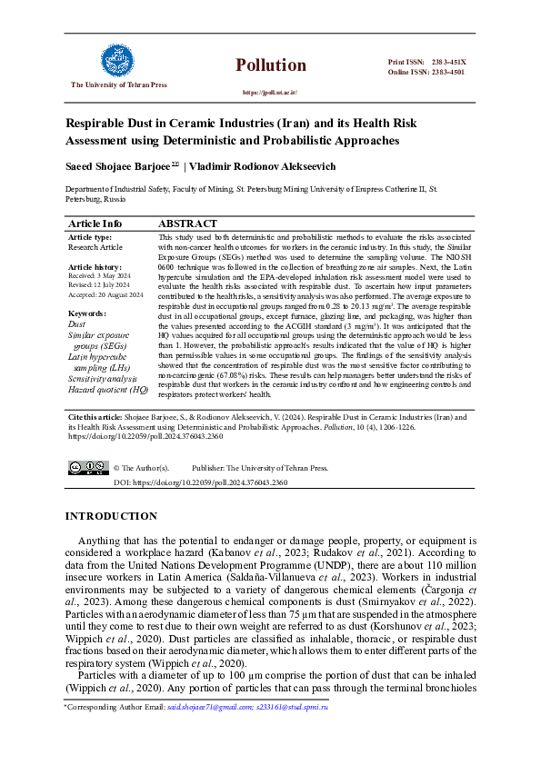 (PDF) Respirable Dust in Ceramic Industries (Iran) and its Health Risk ...
