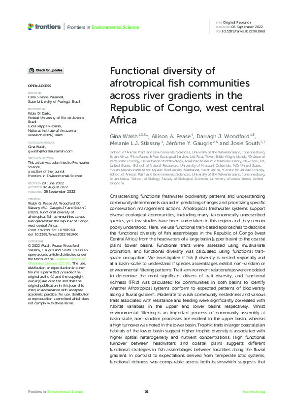 (PDF) Functional diversity of afrotropical fish communities across river gradients in the ...