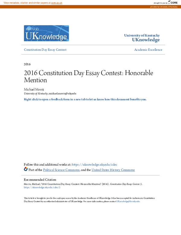 (PDF) 2016 Constitution Day Essay Contest: Honorable Mention
