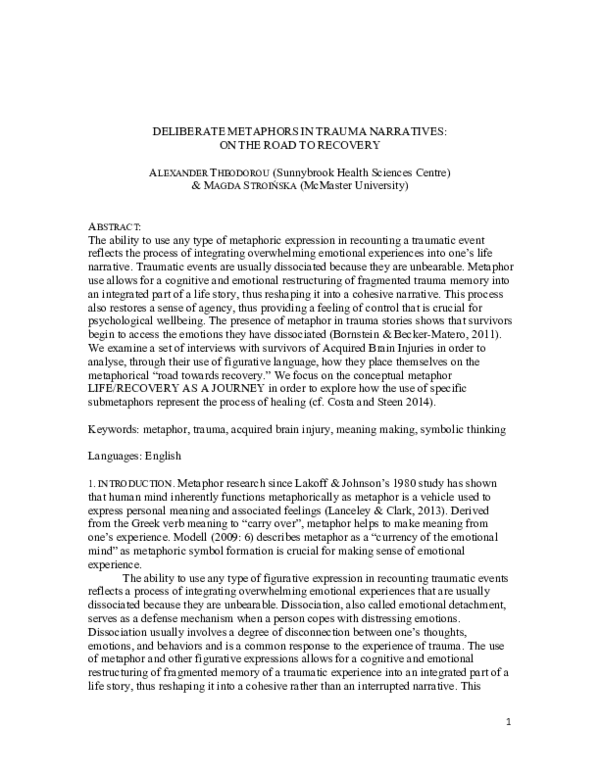(PDF) DELIBERATE METAPHORS IN TRAUMA NARRATIVES: ON THE ROAD TO RECOVERY