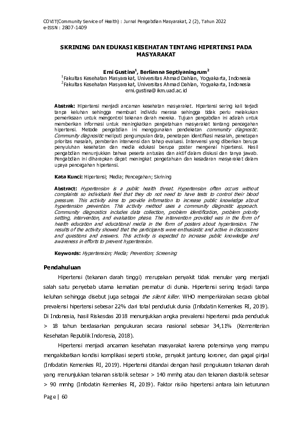 (PDF) Skrining Dan Edukasi Kesehatan Tentang Hipertensi Pada Masyarakat
