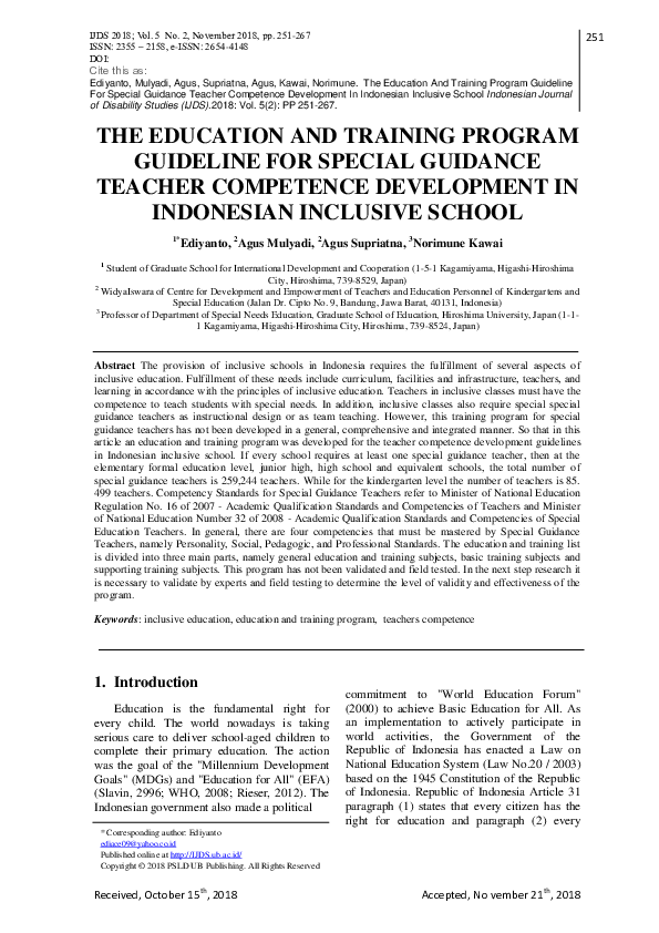 (PDF) The Education and Training Program Guideline for Special Guidance Teacher Competence ...