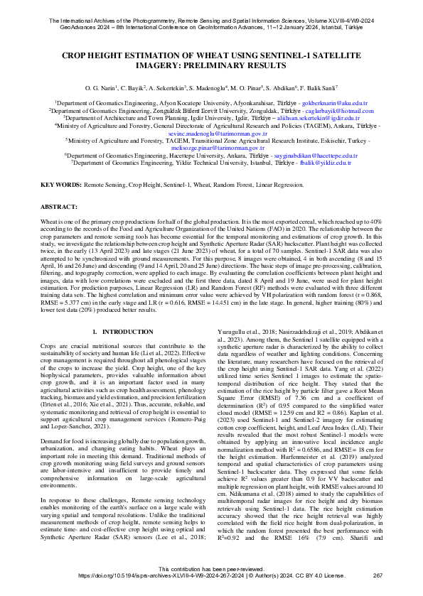 (PDF) Crop Height Estimation of Wheat Using SENTINEL-1 Satellite Imagery: Preliminary Results