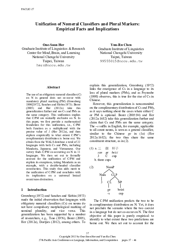 (PDF) Unification of Numeral Classifiers and Plural Markers: Empirical Facts and Implications