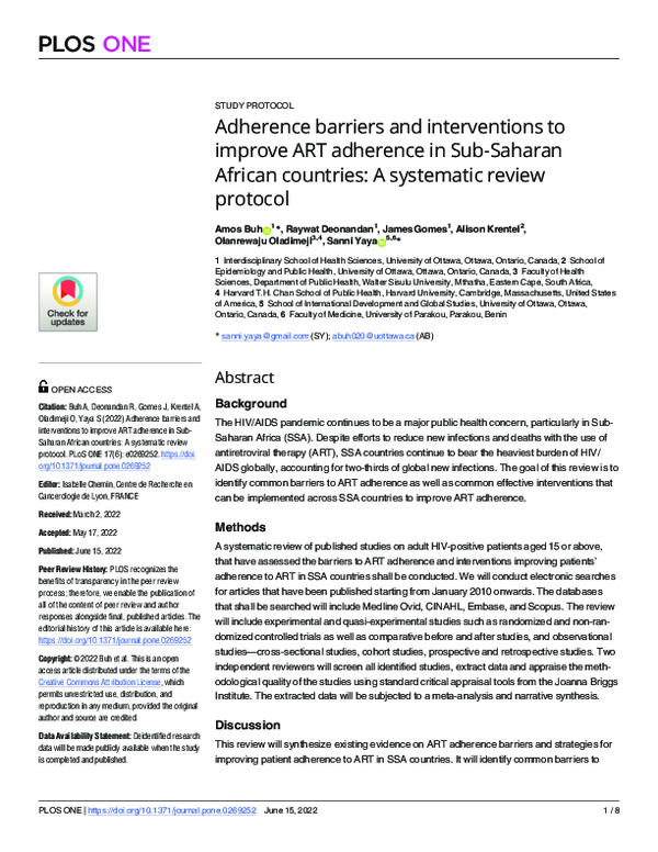 (PDF) Adherence barriers and interventions to improve ART adherence in Sub-Saharan African ...