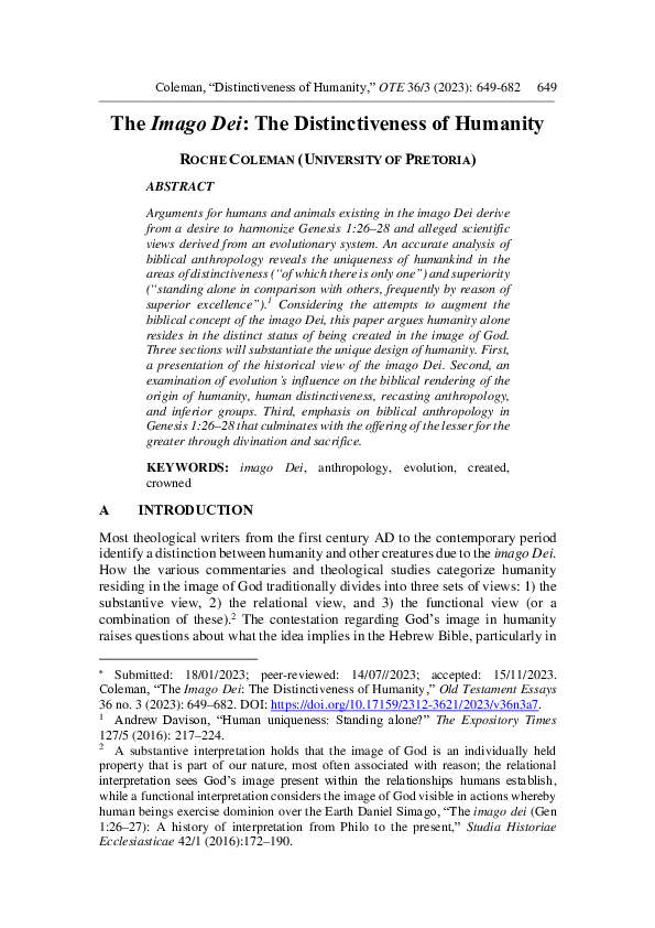 (PDF) The Imago Dei: The Distinctiveness of Humanity