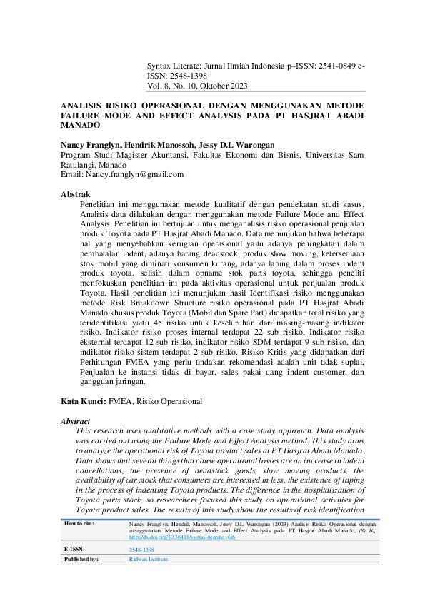 (PDF) Analisis Risiko Operasional dengan Menggunakan Metode Failure ...