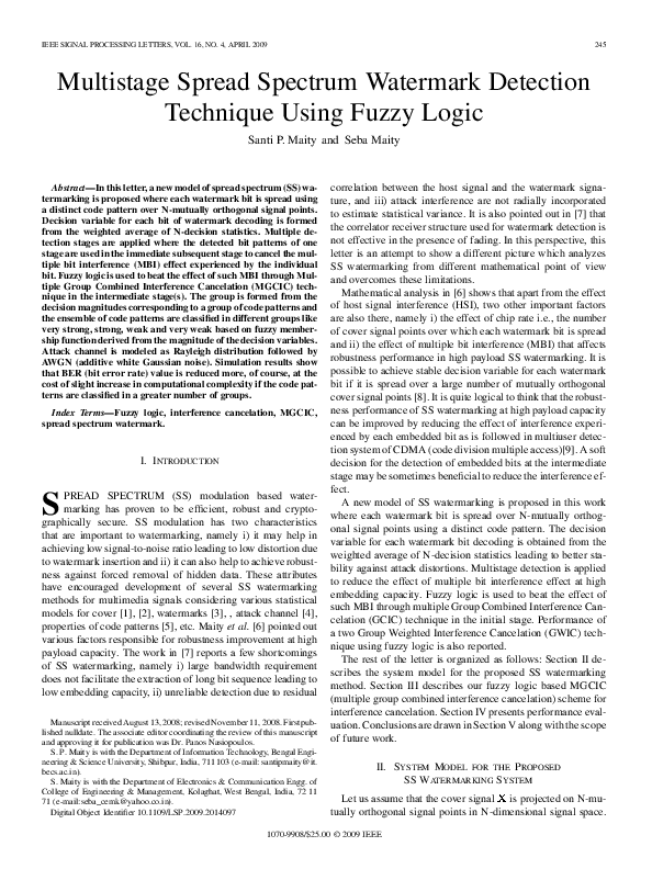 Multistage Spread Spectrum Watermark Detection Technique Using Fuzzy Logic