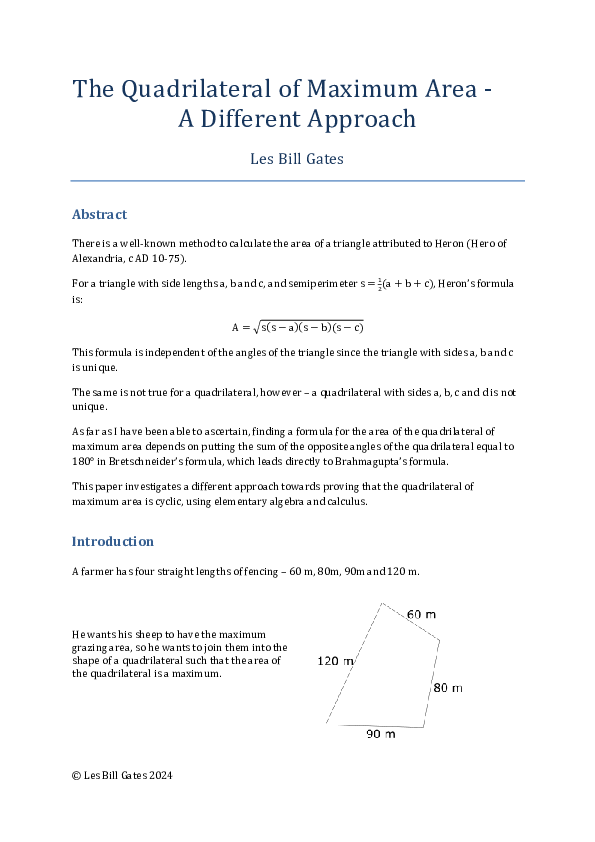 (PDF) The Quadrilateral of Maximum Area -A Different Approach