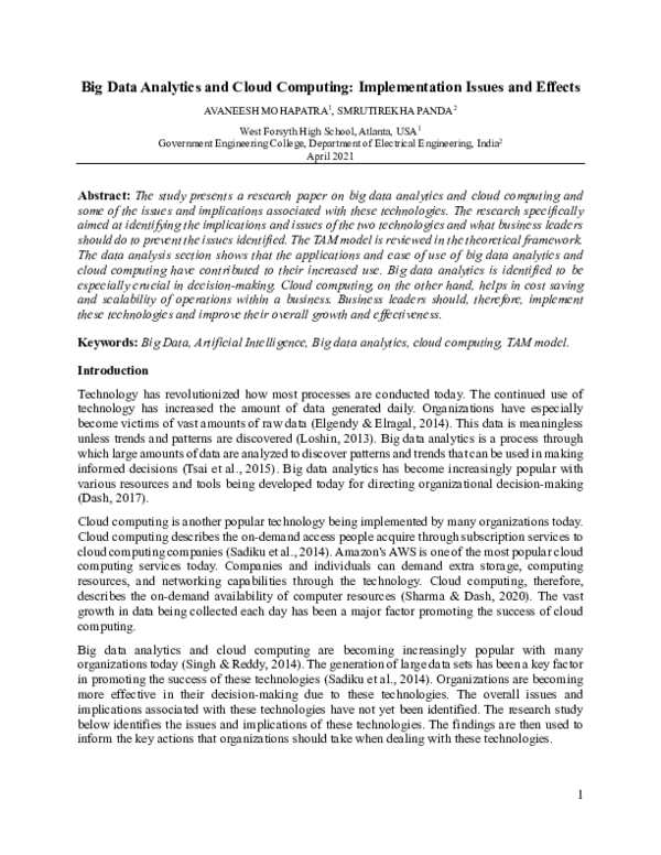 (PDF) Big Data Analytics and Cloud Computing-Implementation Issues and Effects