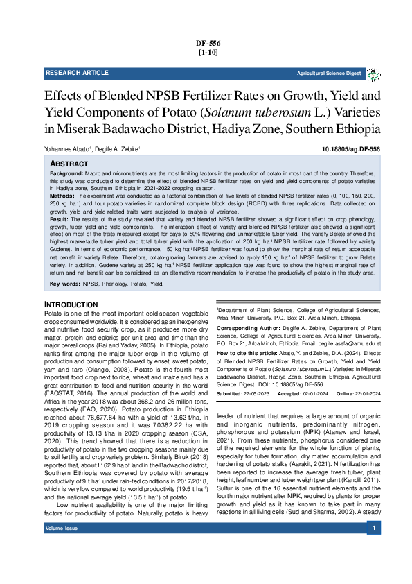 (PDF) Effects of Blended NPSB Fertilizer Rates on Growth, Yield and ...