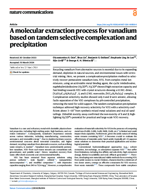 (PDF) A molecular extraction process for vanadium based on tandem selective complexation and ...