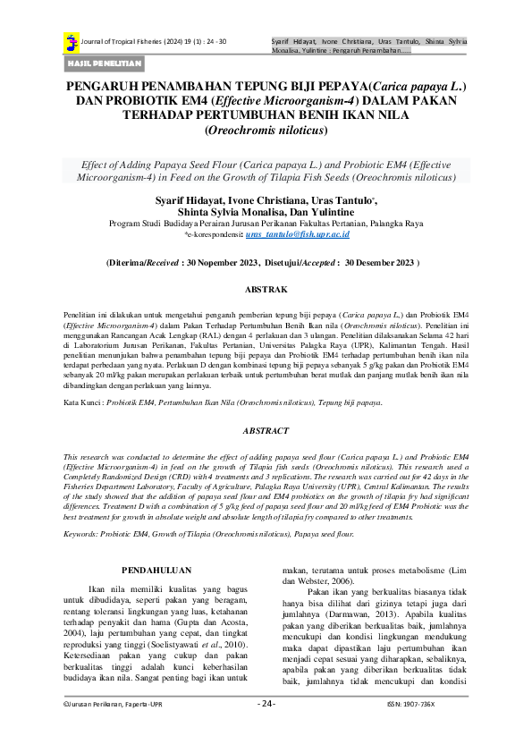 (PDF) PENGARUH PENAMBAHAN TEPUNG BIJI PEPAYA(Carica papaya L.) DAN PROBIOTIK EM4 (Effective ...