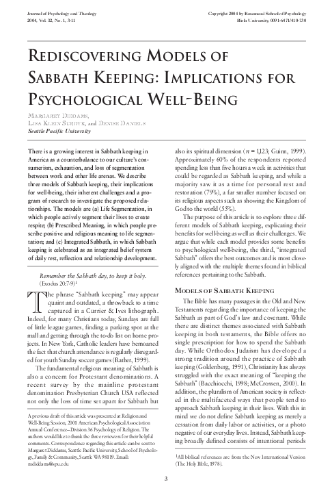 (PDF) Rediscovering Models of Sabbath Keeping: Implications for ...