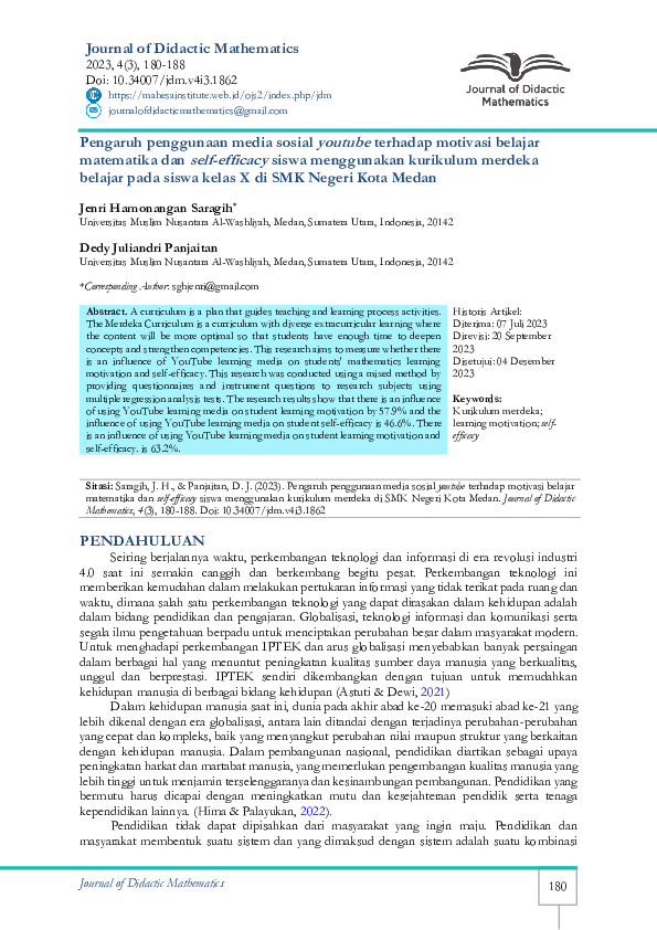 (PDF) Pengaruh penggunaan media sosial youtube terhadap motivasi belajar matematika dan self ...