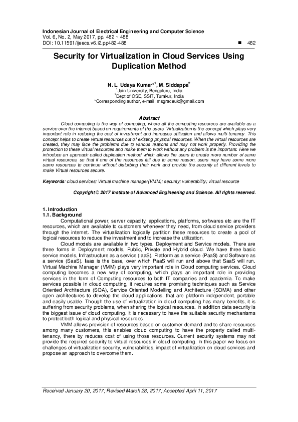 (PDF) Security for Virtualization in Cloud Services Using Duplication Method