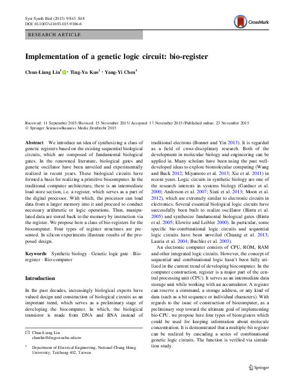 (PDF) Implementation of a genetic logic circuit: bio-register