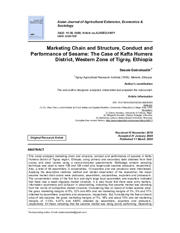 (PDF) Marketing Chain and Structure, Conduct and Performance of Sesame ...