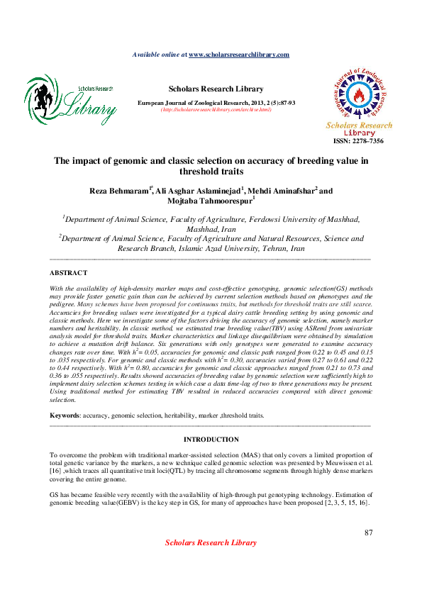 (PDF) The impact of genomic and classic selection on accuracy of breeding value in threshold traits