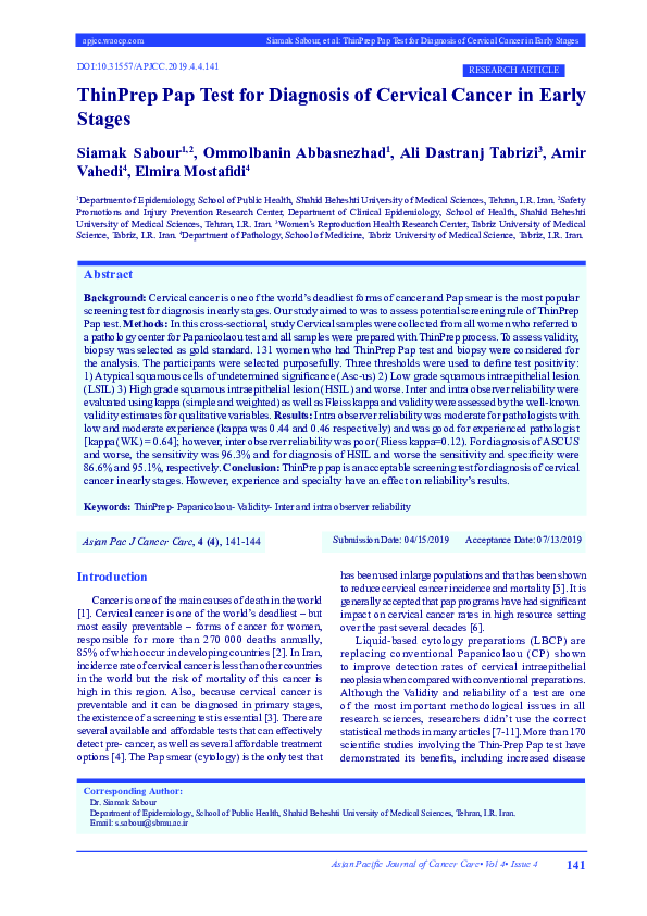 (PDF) ThinPrep Pap Test for Diagnosis of Cervical Cancer in Early Stages