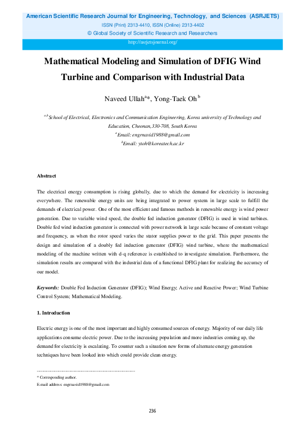 (PDF) Mathematical Modeling and Simulation of DFIG Wind Turbine and Comparison with Industrial Data