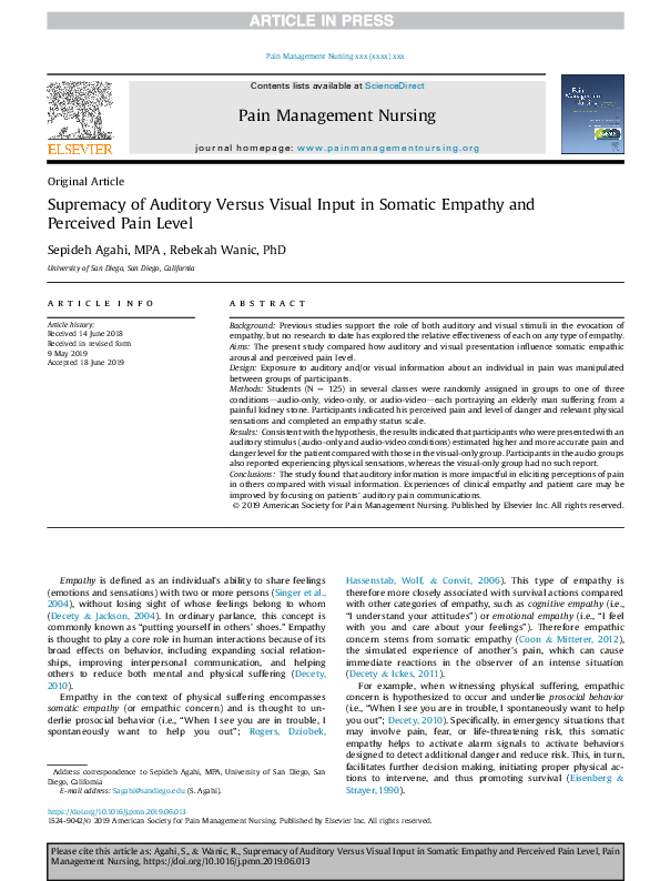 (PDF) Supremacy of Auditory Versus Visual Input in Somatic Empathy and ...