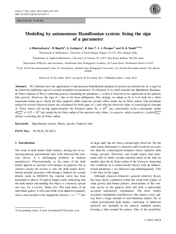 (PDF) Modeling by autonomous Hamiltonian system: fixing the sign of a parameter