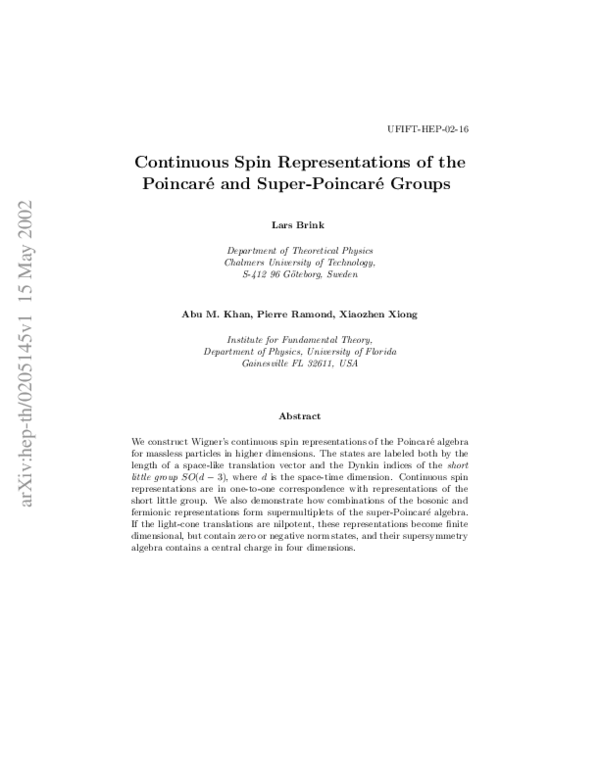 (PDF) Continuous spin representations of the Poincaré and super-Poincaré groups | Abu Mohammad ...