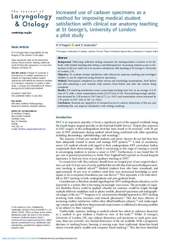 (PDF) Increased use of cadaver specimens as a method for improving ...