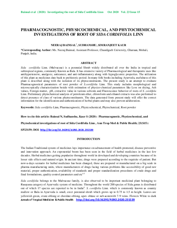 (PDF) Pharmacognostic, Physicochemical, and Phytochemical Investigations of Root of Sida ...