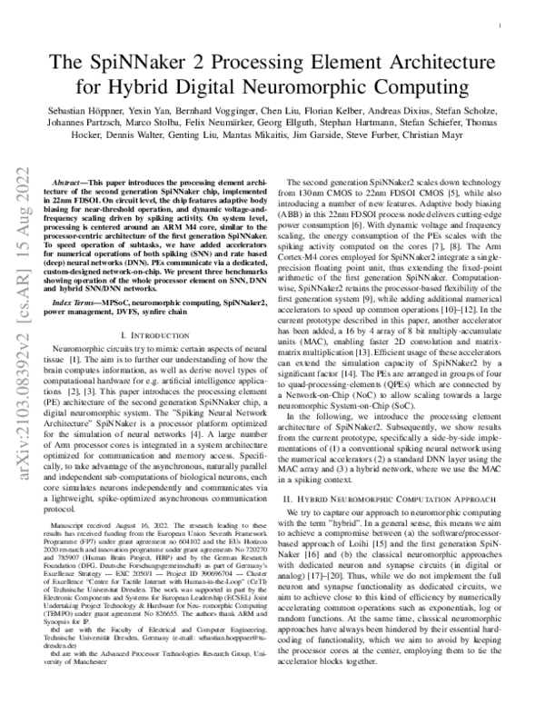 (PDF) The SpiNNaker 2 Processing Element Architecture for Hybrid Digital Neuromorphic Computing