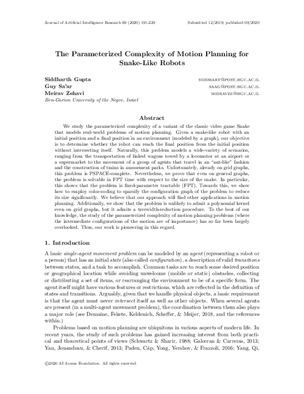 (PDF) The Parameterized Complexity of Motion Planning for Snake-Like Robots