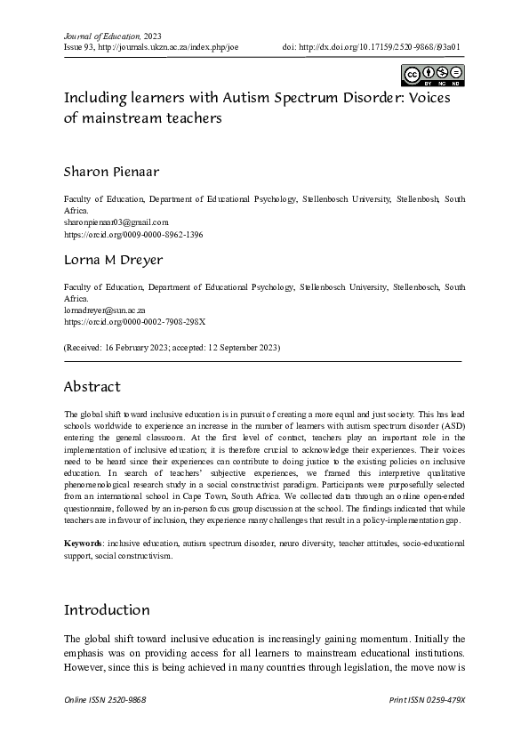 (PDF) Including learners with Autism Spectrum Disorder: Voices of ...