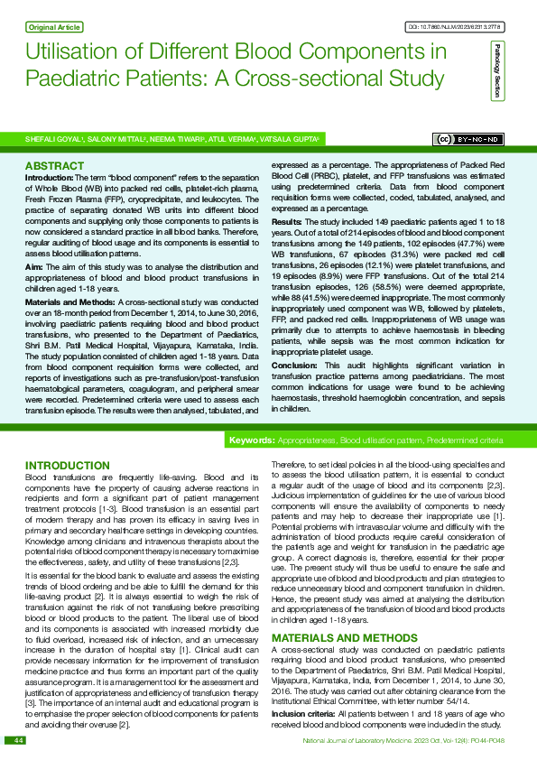 (PDF) Utilisation of Different Blood Components in Paediatric Patients ...