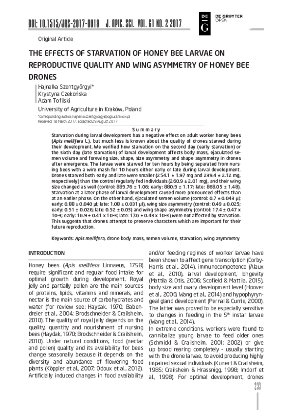 (PDF) The Effects of Starvation of Honey Bee Larvae on Reproductive ...