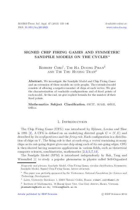 (PDF) Signed Chip Firing Games and symmetric Sandpile Models on the cycles