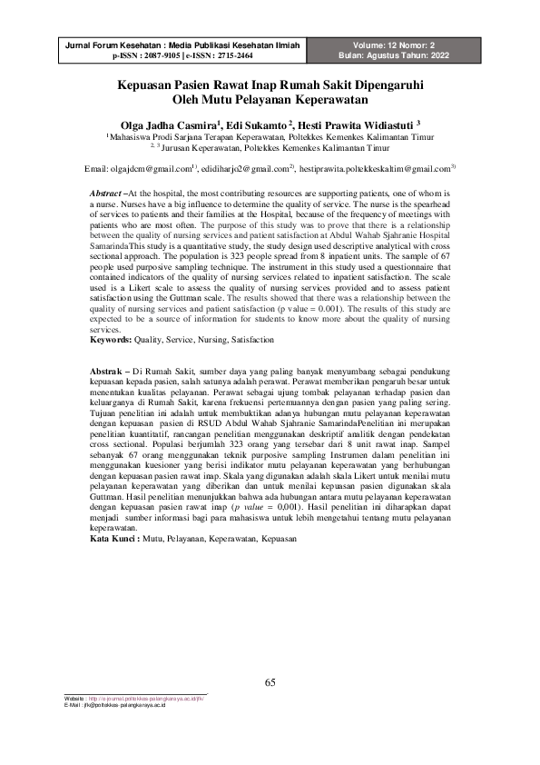 (PDF) Kepuasan Pasien Rawat Inap Rumah Sakit Dipengaruhi Oleh Mutu Pelayanan Keperawatan