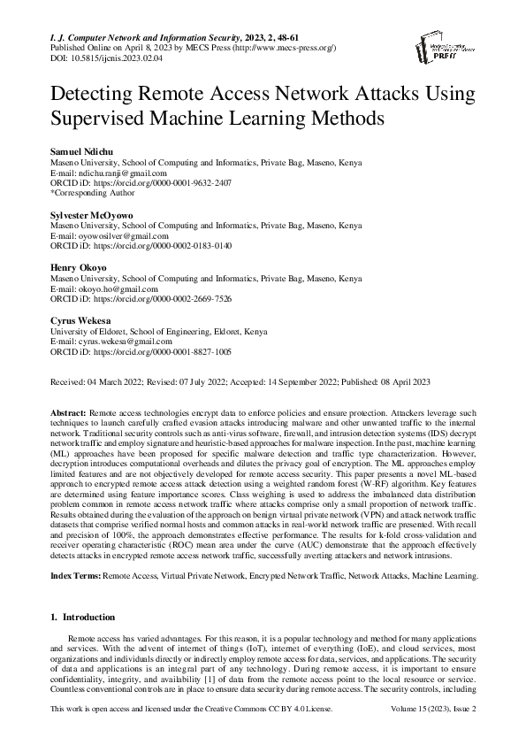 (PDF) Detecting Remote Access Network Attacks Using Supervised Machine Learning Methods