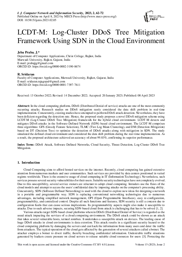 (PDF) LCDT-M: Log-Cluster DDoS Tree Mitigation Framework Using SDN in the Cloud Environment