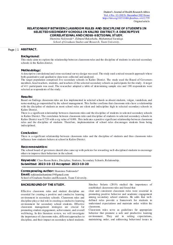(PDF) Relationship Between Classroom Rules and Discipline of Students ...