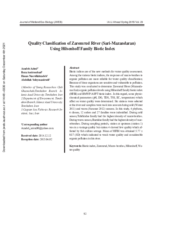 (PDF) Quality Classification of Zaremrud River (Sari-Mazandaran) Using ...