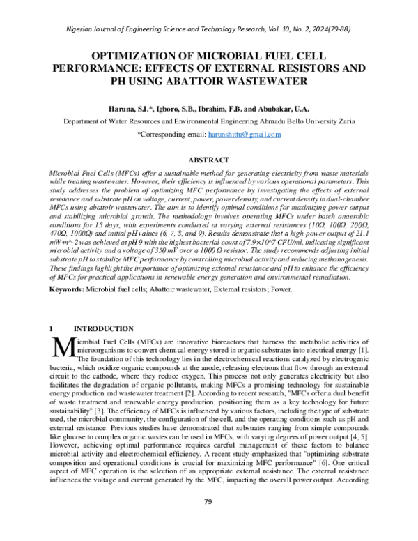 (PDF) OPTIMIZATION OF MICROBIAL FUEL CELL PERFORMANCE: EFFECTS OF EXTERNAL RESISTORS AND PH ...