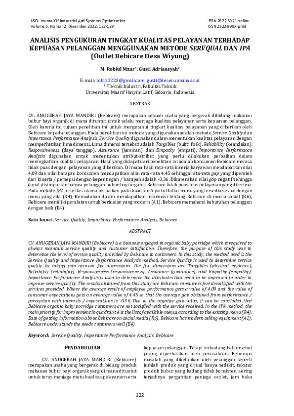 (PDF) ANALISIS PENGUKURAN TINGKAT KUALITAS PELAYANAN TERHADAP KEPUASAN PELANGGAN MENGGUNAKAN ...