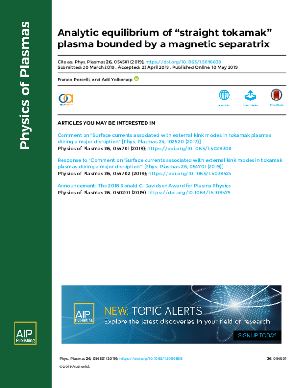 (PDF) Analytic equilibrium of “straight tokamak” plasma bounded by a ...