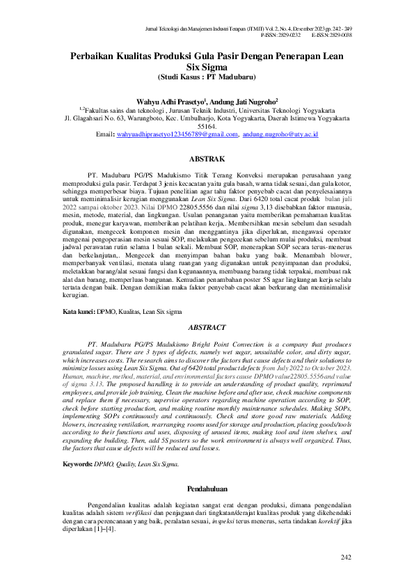 (PDF) Perbaikan Kualitas Produksi Gula Pasir Dengan Penerapan Lean Six Sigma