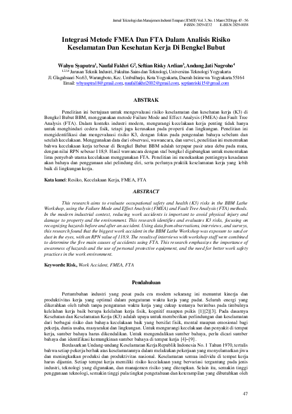 (PDF) Integrasi Metode FMEA Dan FTA Dalam Analisis Risiko Keselamatan Dan Kesehatan Kerja Di ...