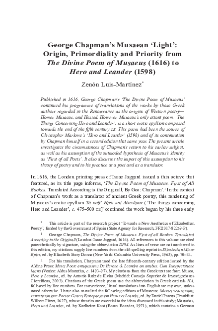 (PDF) George Chapman’s Musaean ‘Light’: Origin, Primordiality and ...