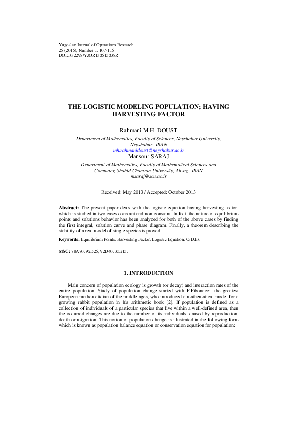 (PDF) The logistic modeling population: Having harvesting factor